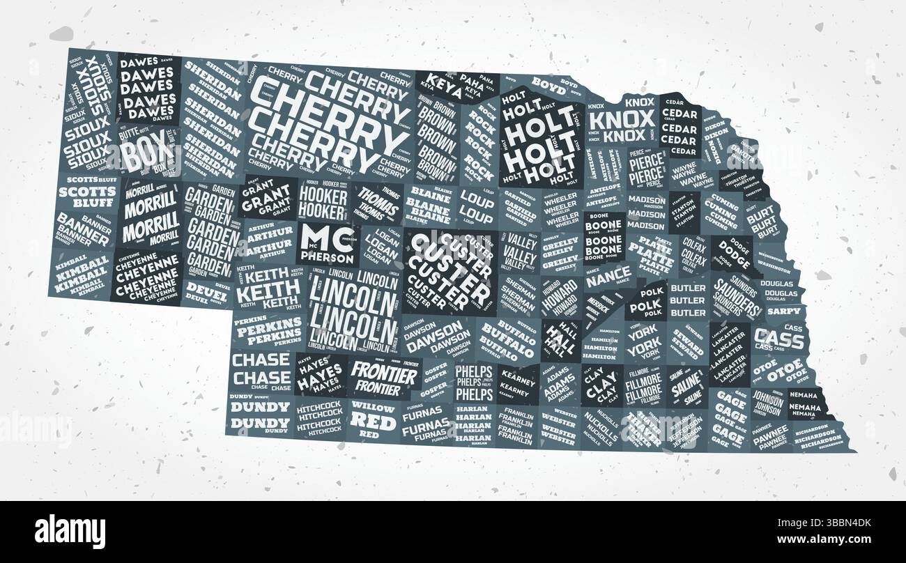 Nebraska counties word clouds. State shape on textured background ...