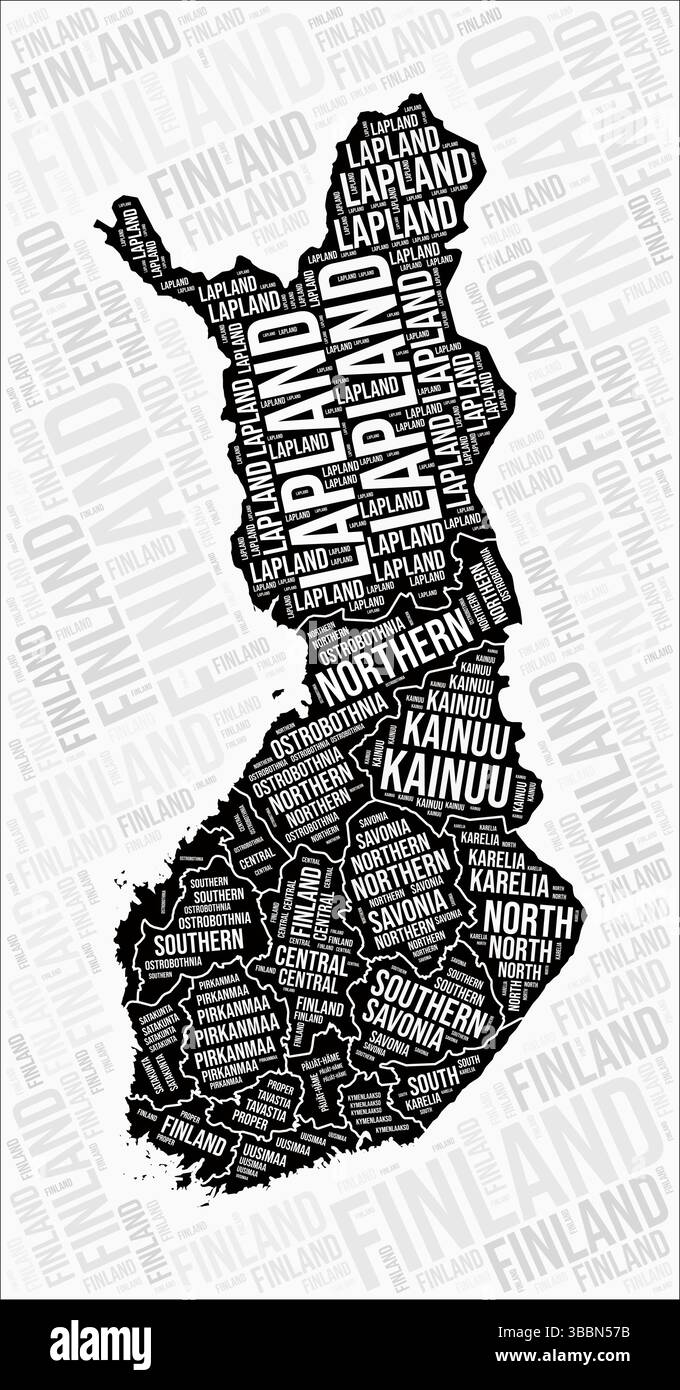 Finland regions map word cloud. Finland region names. Black and white ...