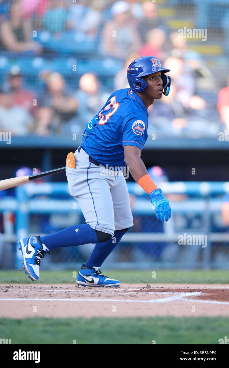Brooklyn Cyclones Jesus Baez (23) follows through on a swing during a ...