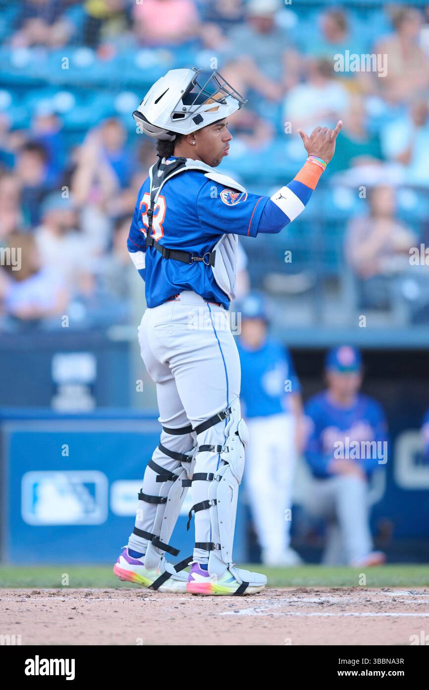 Brooklyn Cyclones catcher Chris Suero (33) signals the infielders ...