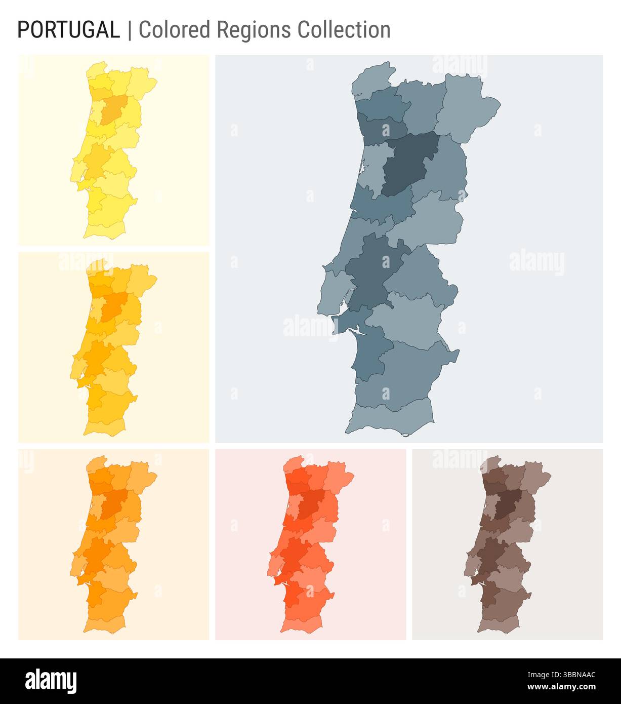 Portugal map collection. Country shape with colored regions. Blue, Grey ...