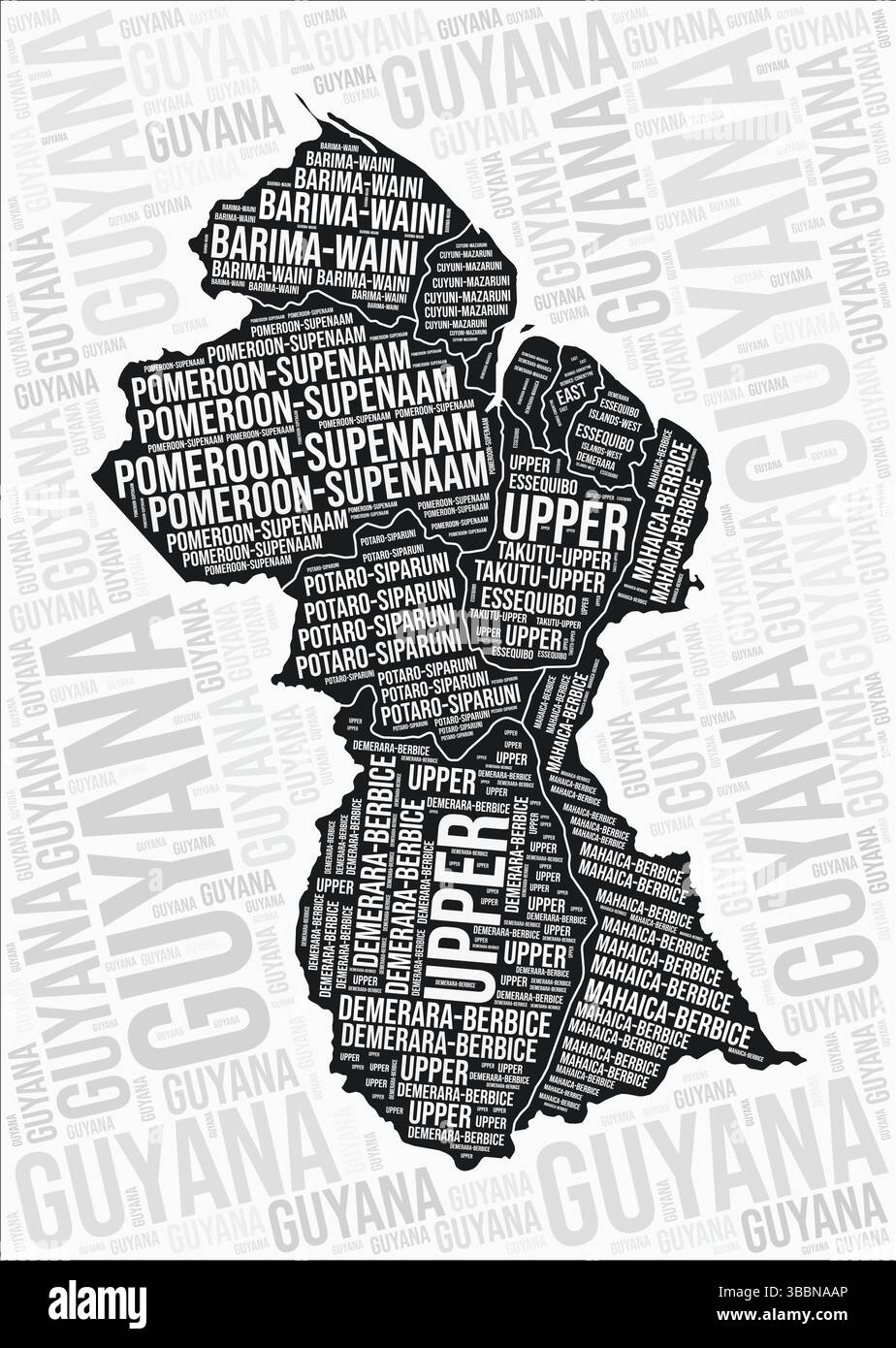 Guyana regions map word cloud. Guyana region names. Black and white map design. Vibrant vector ...