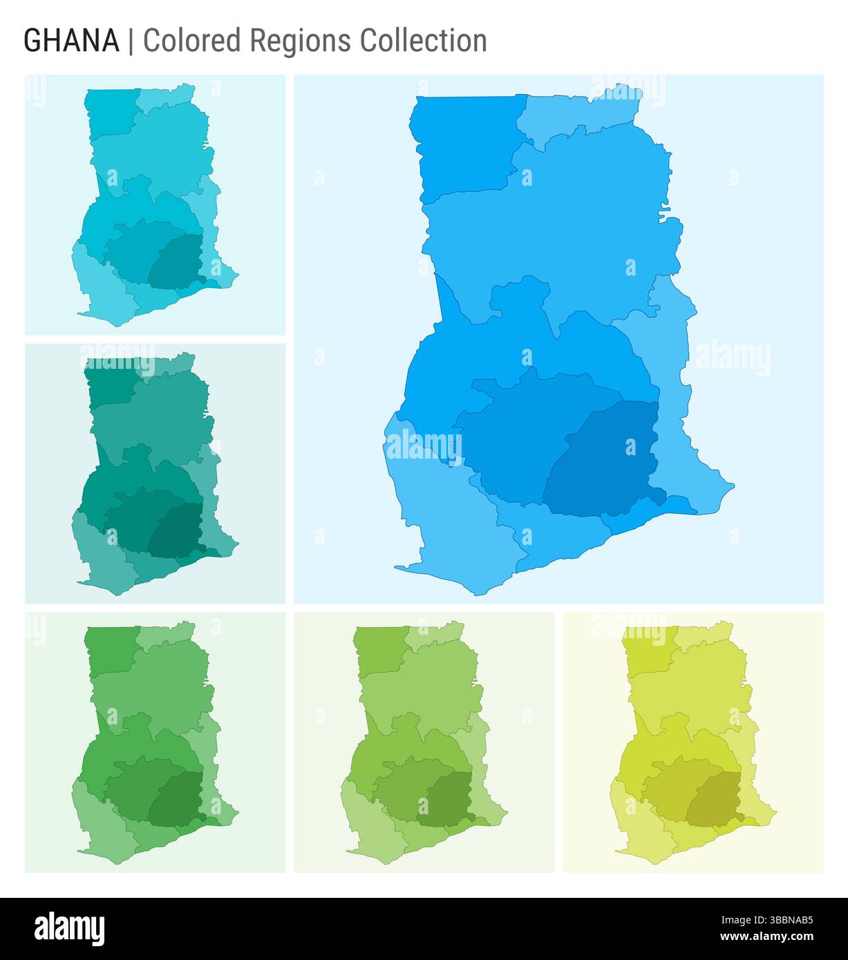 Ghana map collection. Country shape with colored regions. Light blue ...