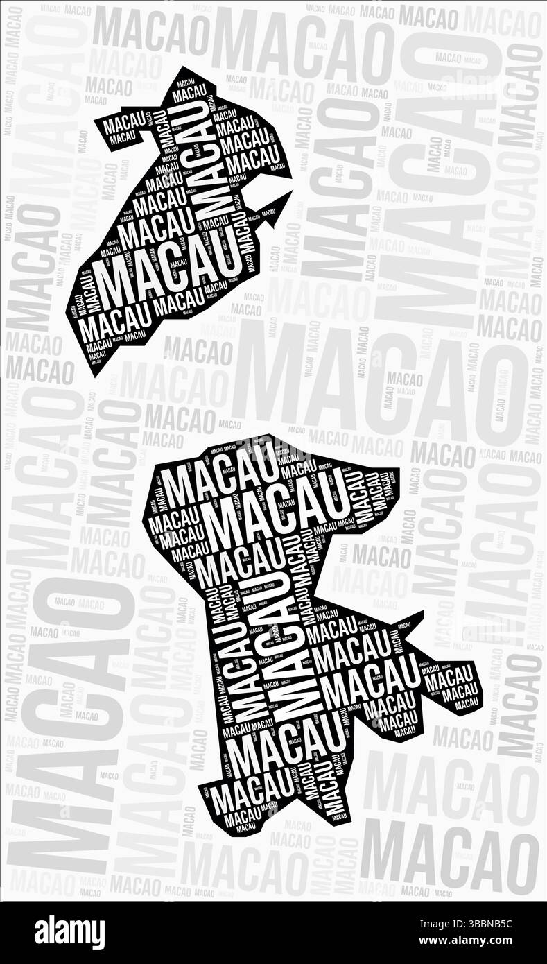 Macao regions map word cloud. Macao region names. Black and white map ...