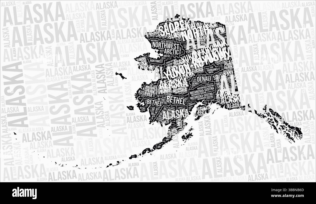 Alaska counties map word cloud. Alaska region names. Black and white ...