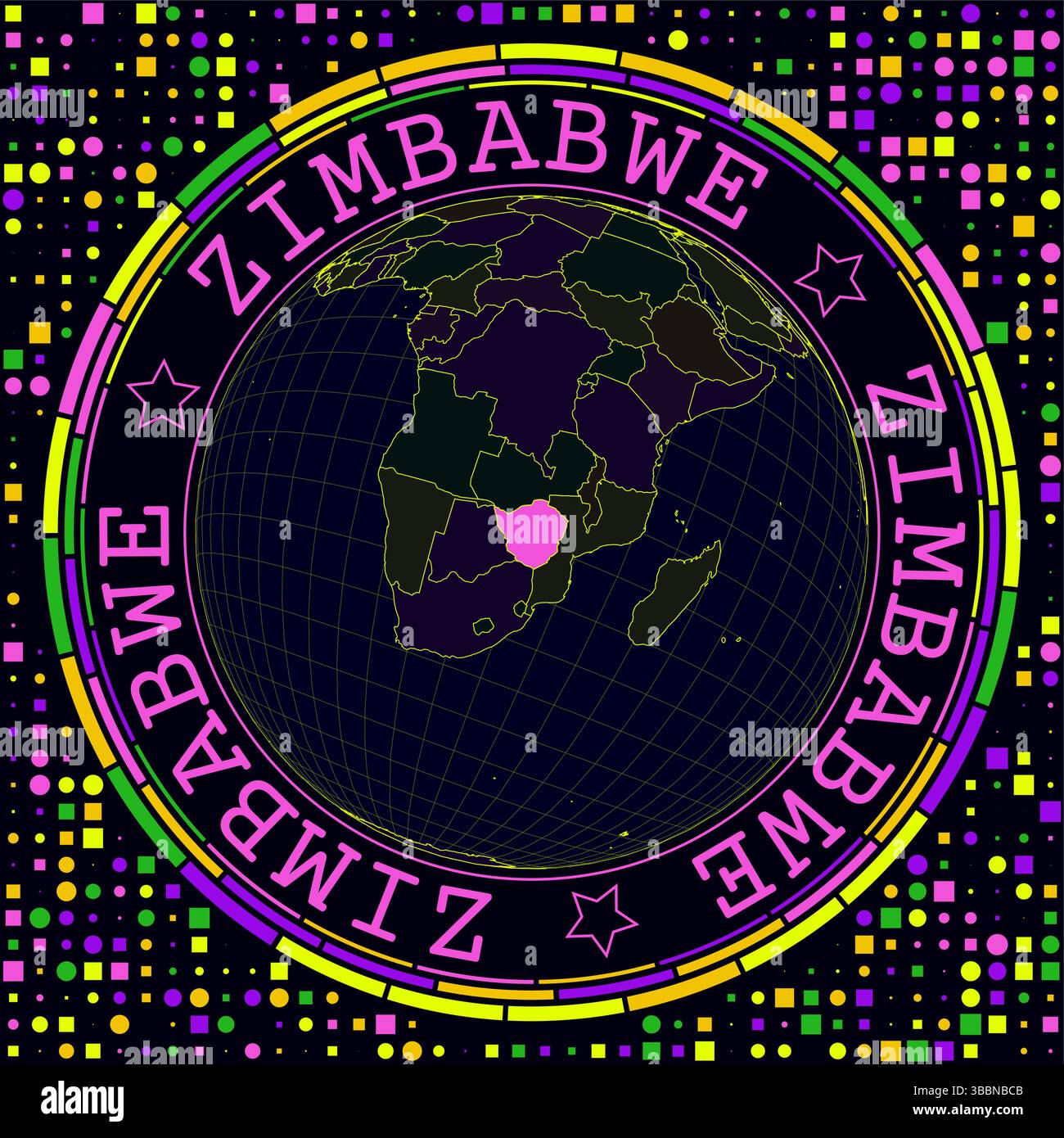 Futuristic Zimbabwe on globe. Bright neon satellite view of the world ...
