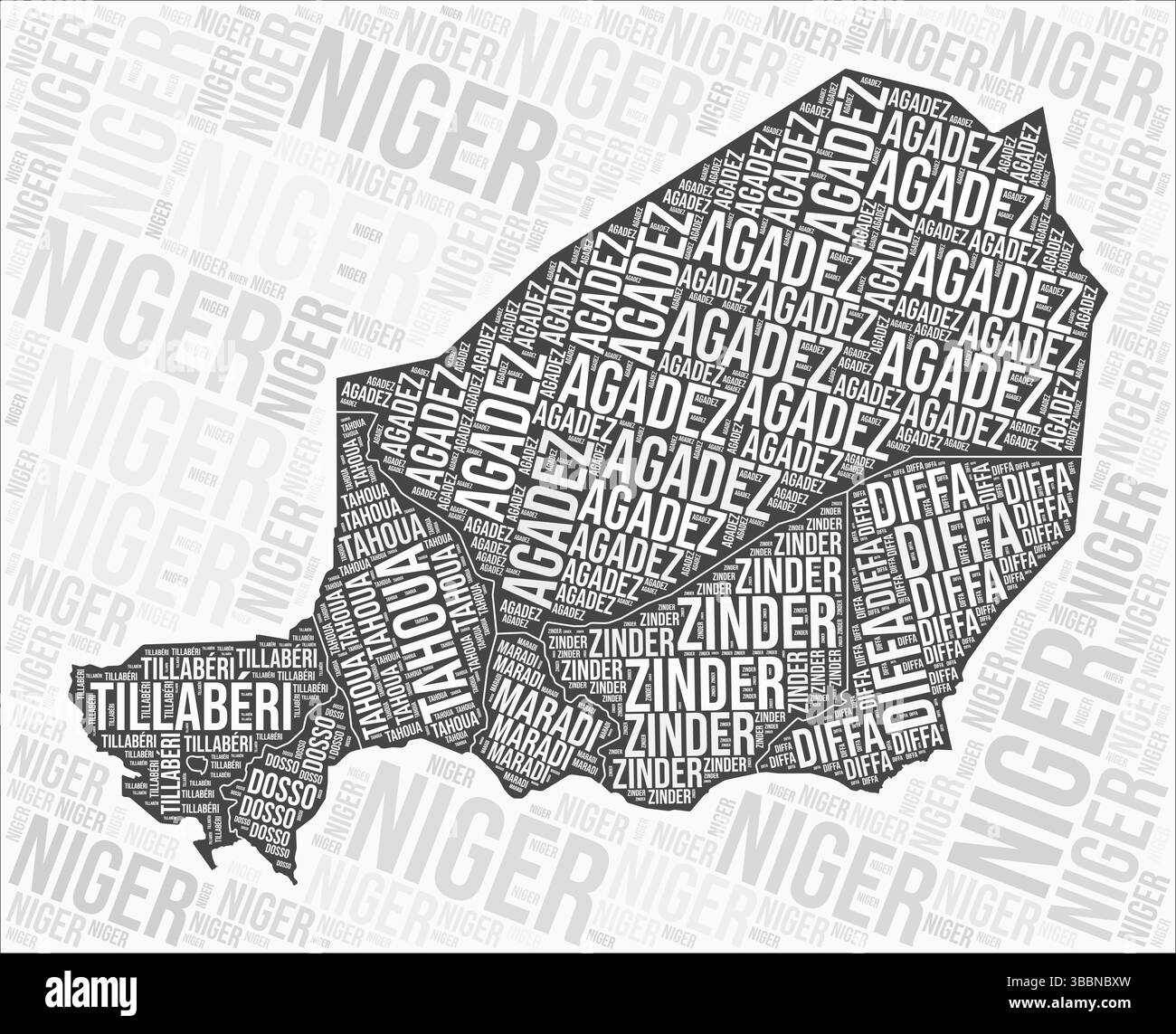 Niger regions map word cloud. Niger region names. Black and white map ...