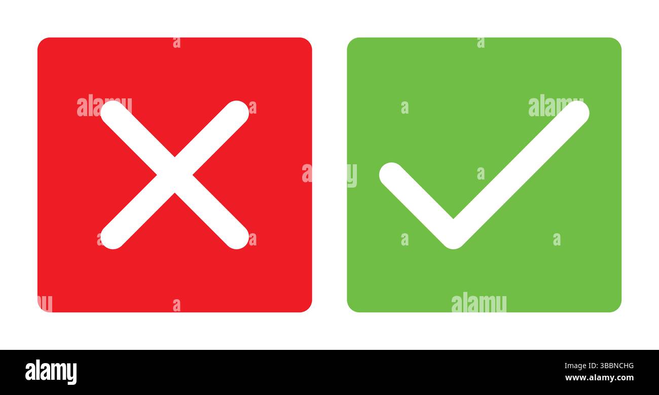 green tick and red x in square, OK check mark and X cross icon symbol ...