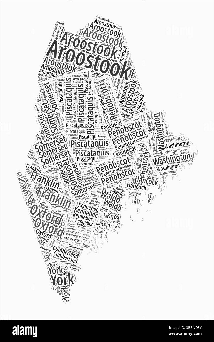 Maine Text Style Counties. State region names word clouds in the ...