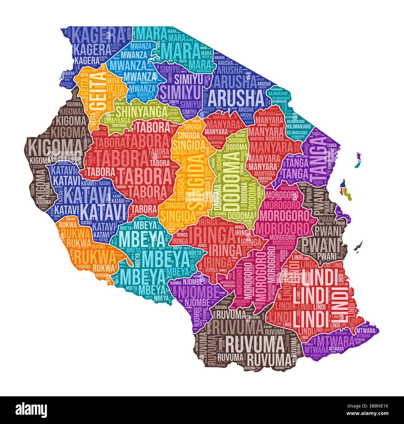 Tanzania shape. Country word cloud with region division. Tanzania ...