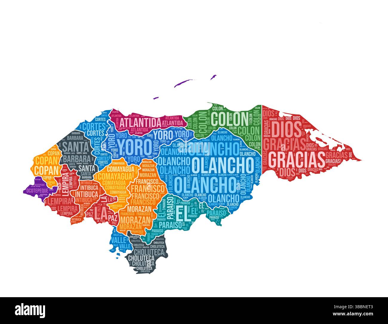 Honduras shape. Country word cloud with region division. Honduras ...
