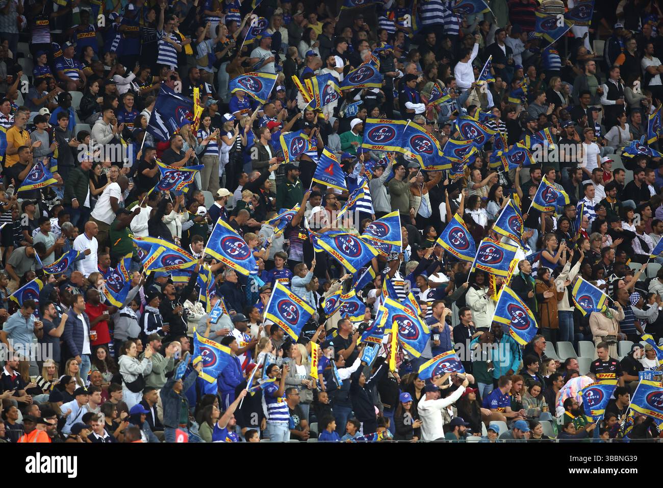 CAPE TOWN, SOUTH AFRICA - MAY 16: DHL Stormers fans celebrate a try ...