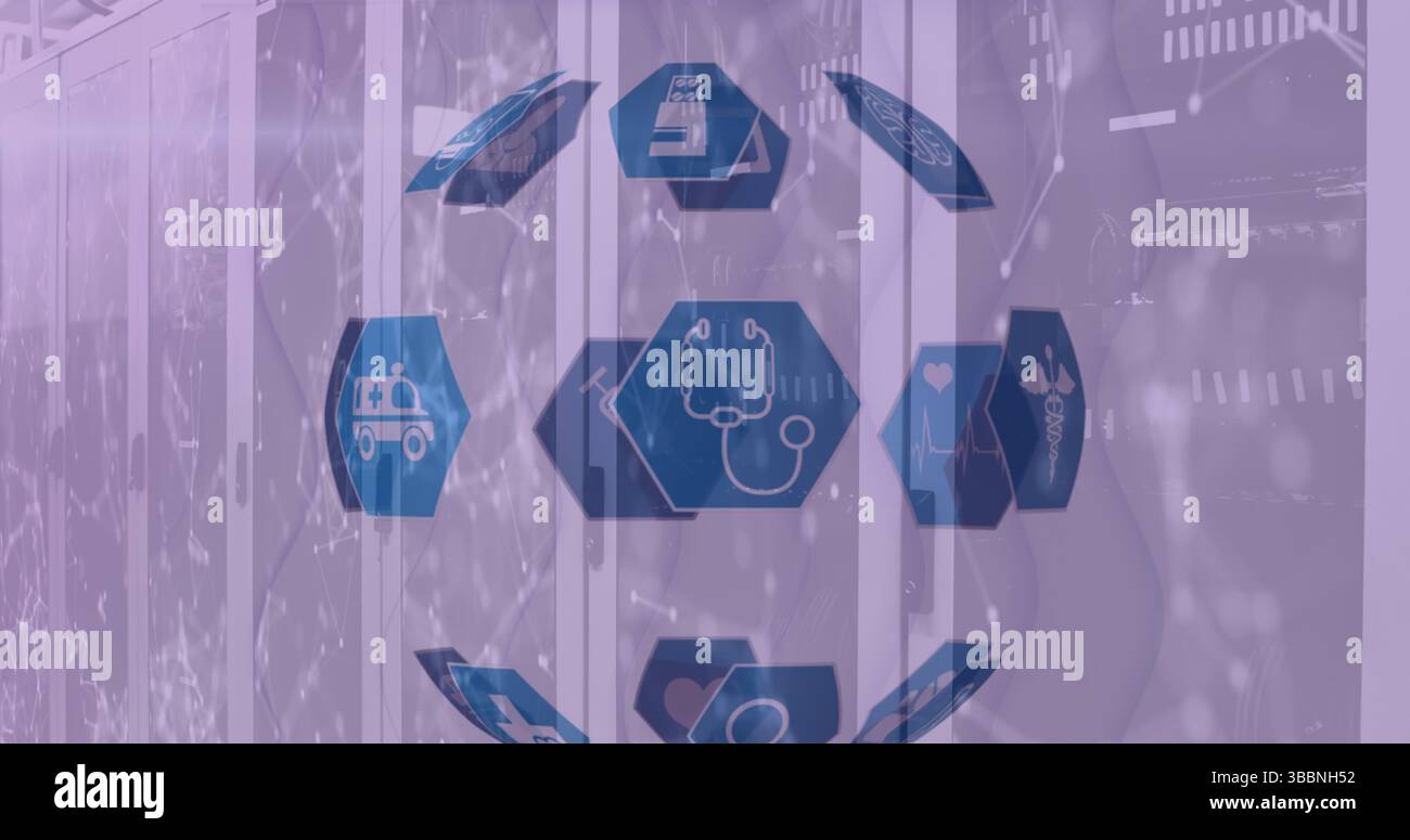 Image of shapes and icons over server room Stock Photo - Alamy