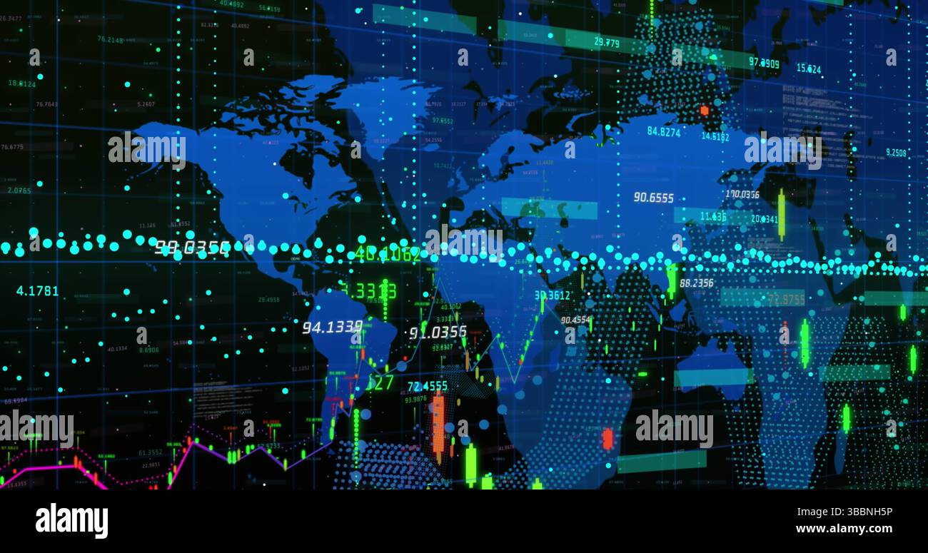 Image of data processing and qr code over world map on black background Stock Photo - Alamy