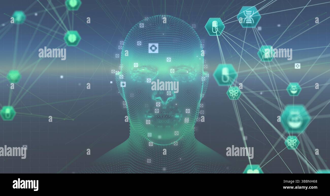 Image of network of connections over human head model Stock Photo - Alamy