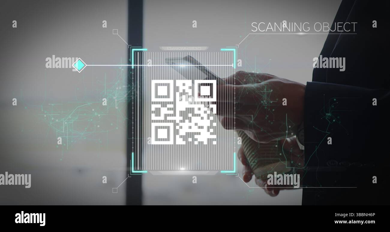 Male wearing dark suit scanning smartphone screen in modern office ...