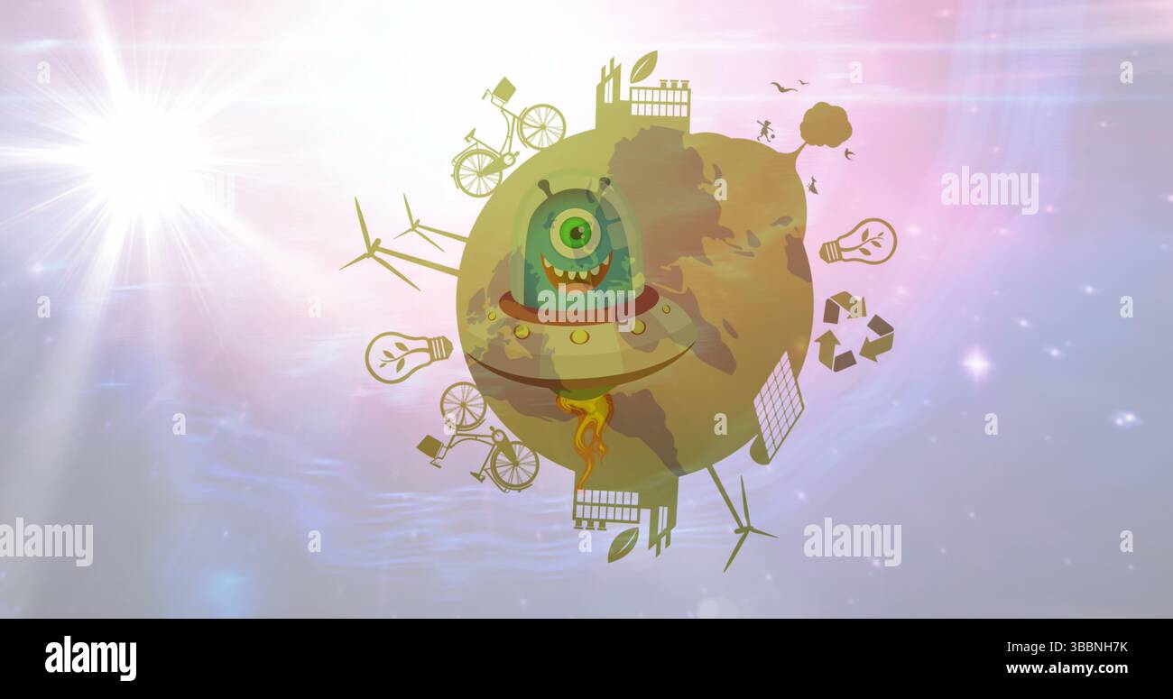 Hovering cyclops creature inside flying saucer orbiting stylized globe ...