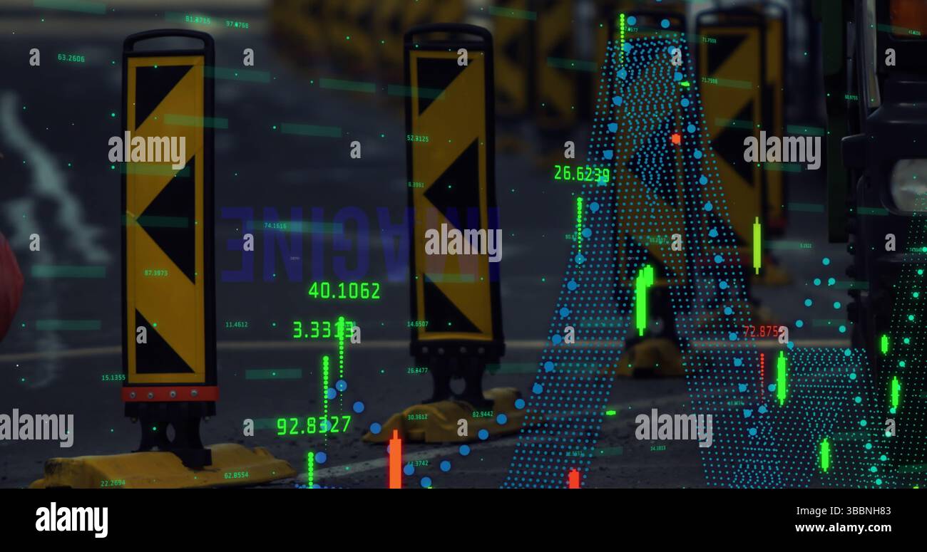 Displaying yellow and black chevron bollard marking road at work zone ...
