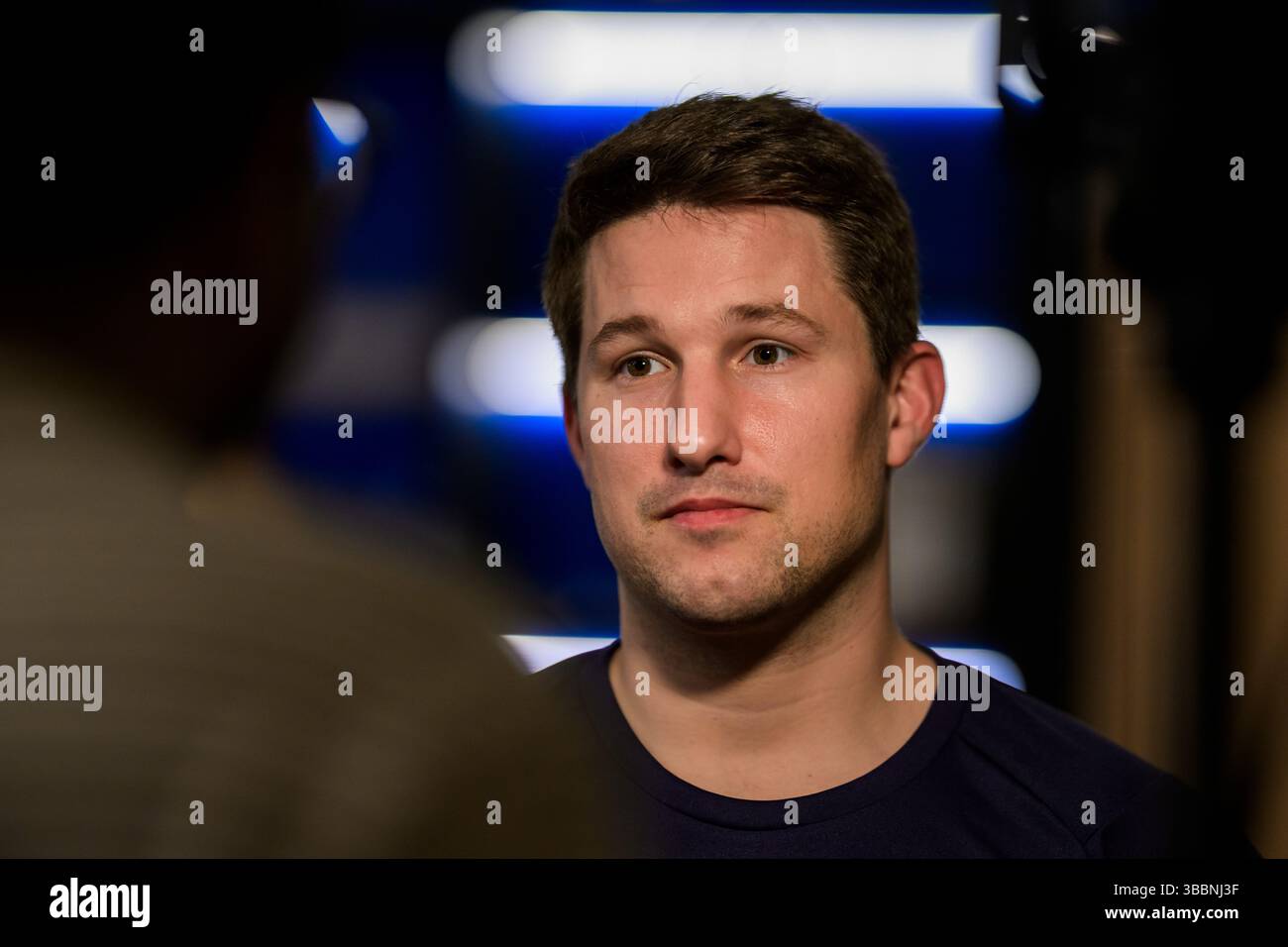 Kristian Karlsson of, Sweden. , . is interviewed by the media during a ...