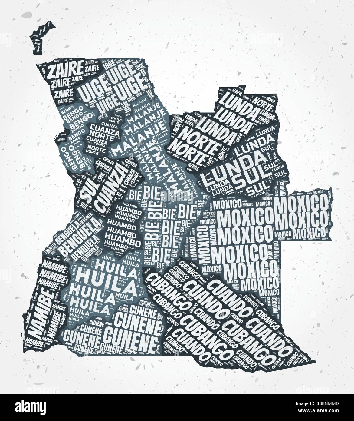 Angola regions word clouds. Country shape on textured background ...