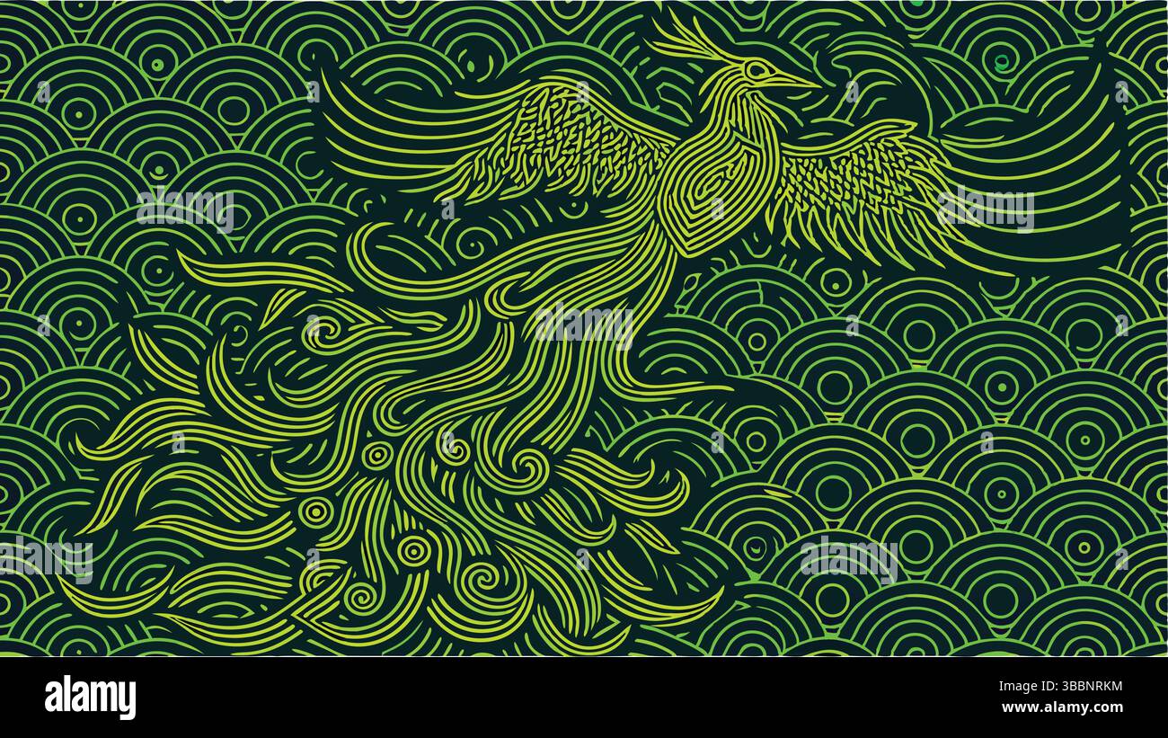 Neon green phoenix bird illustration with circle pattern background ...