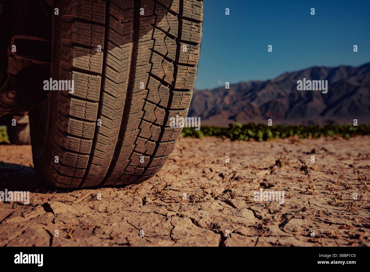 Car wheel on cracked ground in desert Stock Photo - Alamy