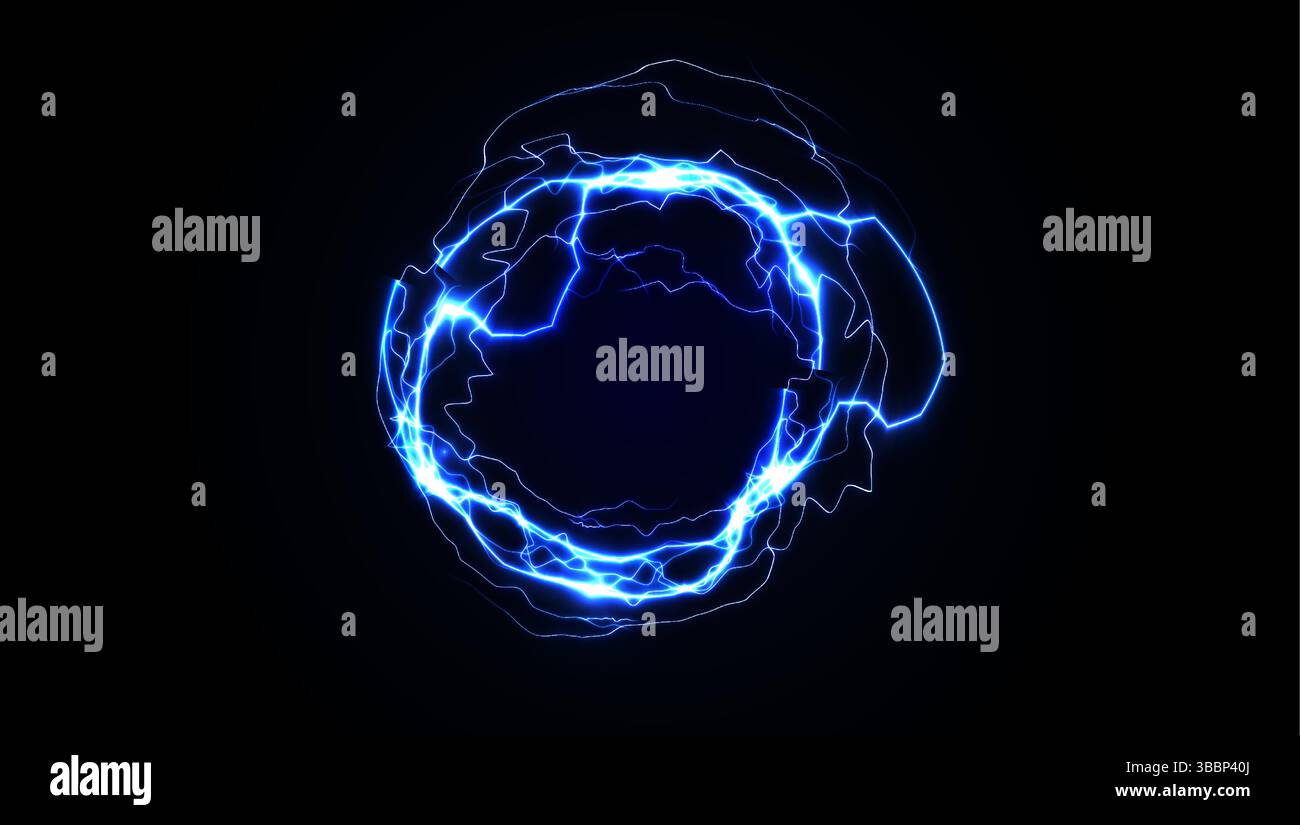 Electric Energy Circle with Glowing Blue Lightning Ring on Dark ...