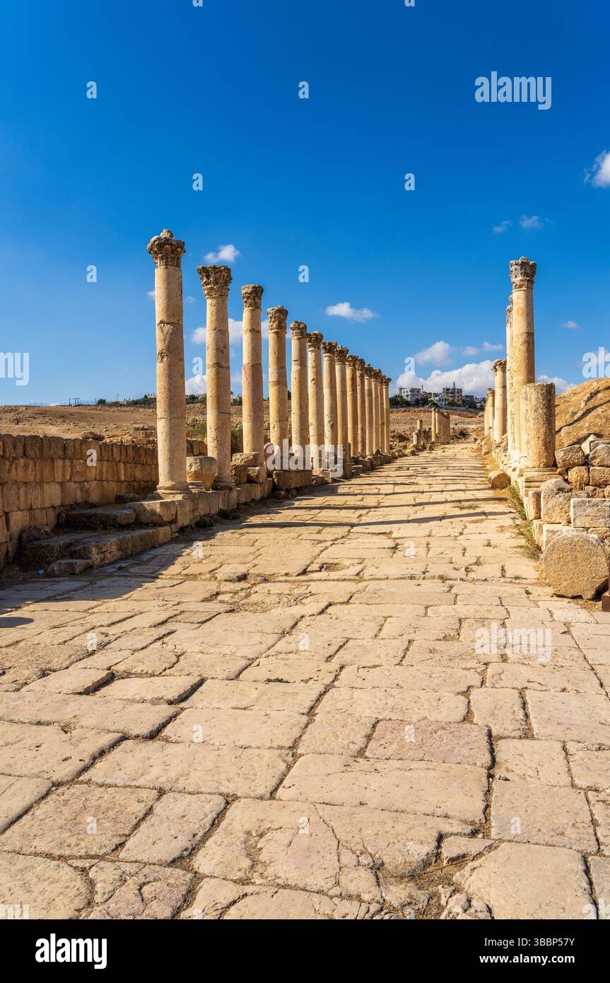 Columns line the Decumanus, the second street in Jerash, a Greco-Roman ...