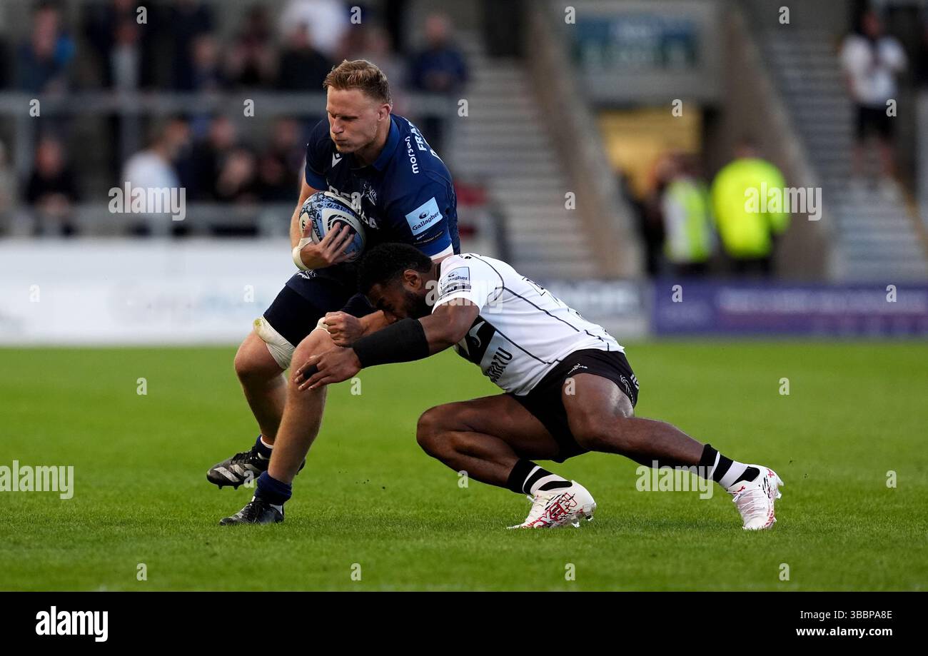 Sale Sharks' Dan du Preez (left) is tackled by Bristol Bears' Siva Naulago during the Gallagher ...