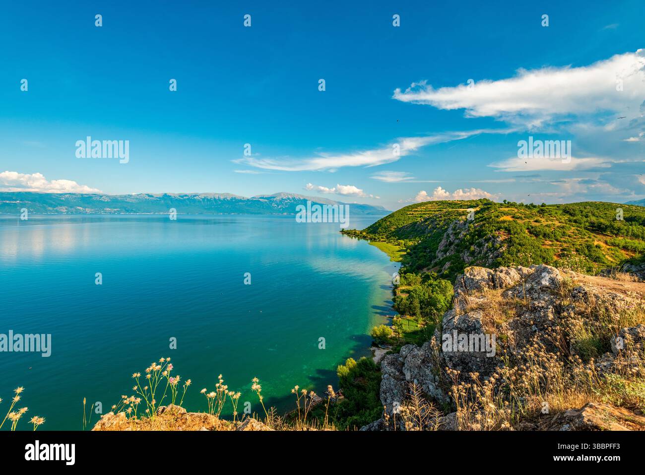 Emerald shoreline curves under limestone promontory at Lin, Albania on ...