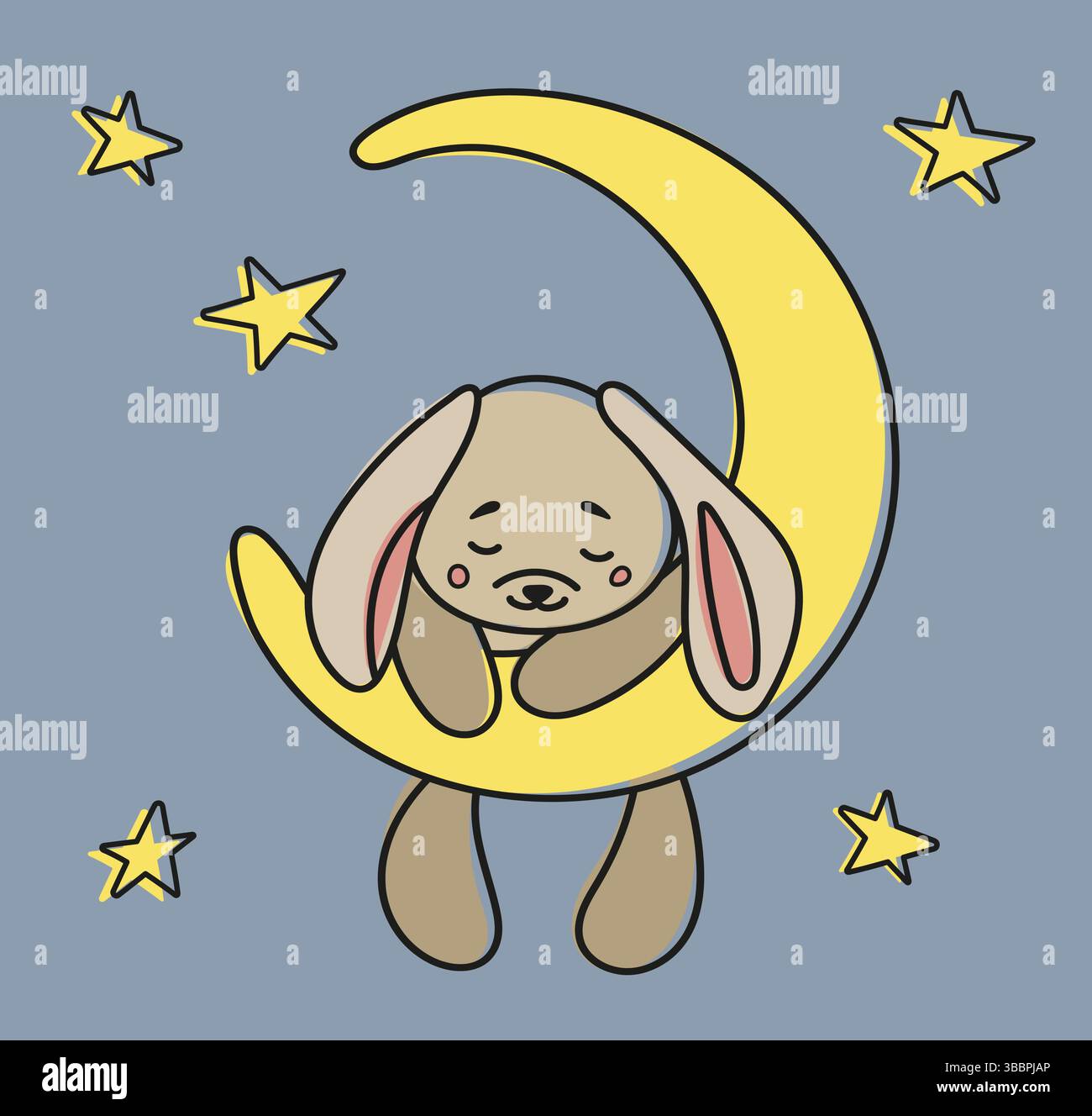 Bunny Sleeping On The Moon In Cartoon-Style Vector Illustration Stock ...