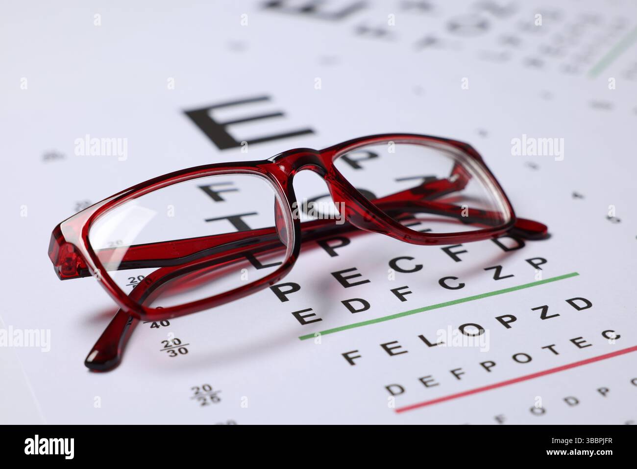 Glasses on vision test charts as background, closeup Stock Photo - Alamy