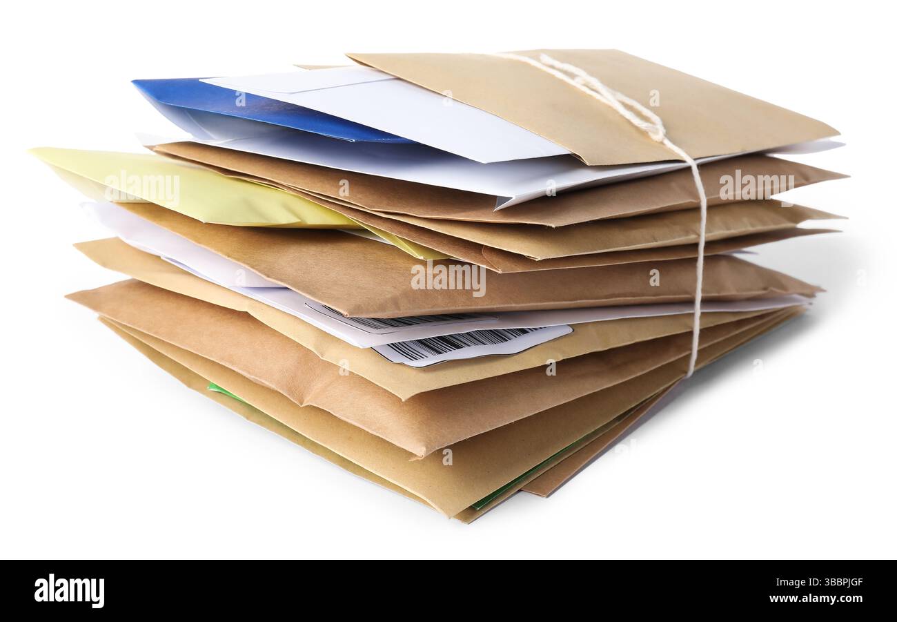 Stack of different paper envelopes isolated on white. Post office Stock ...