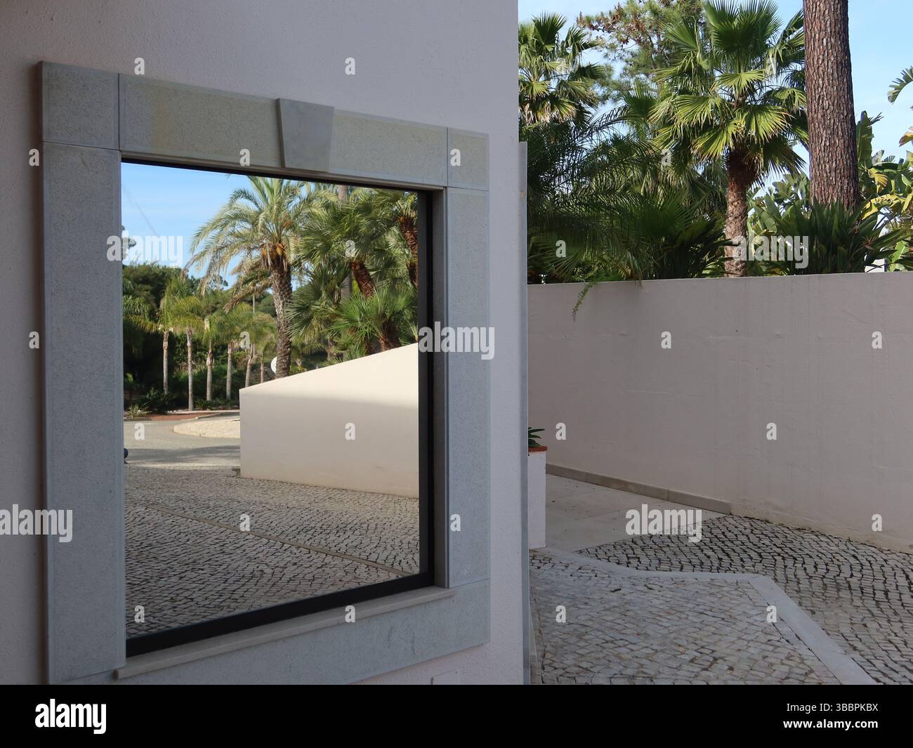 A large square opening frames the view of distant pine trees & the ...