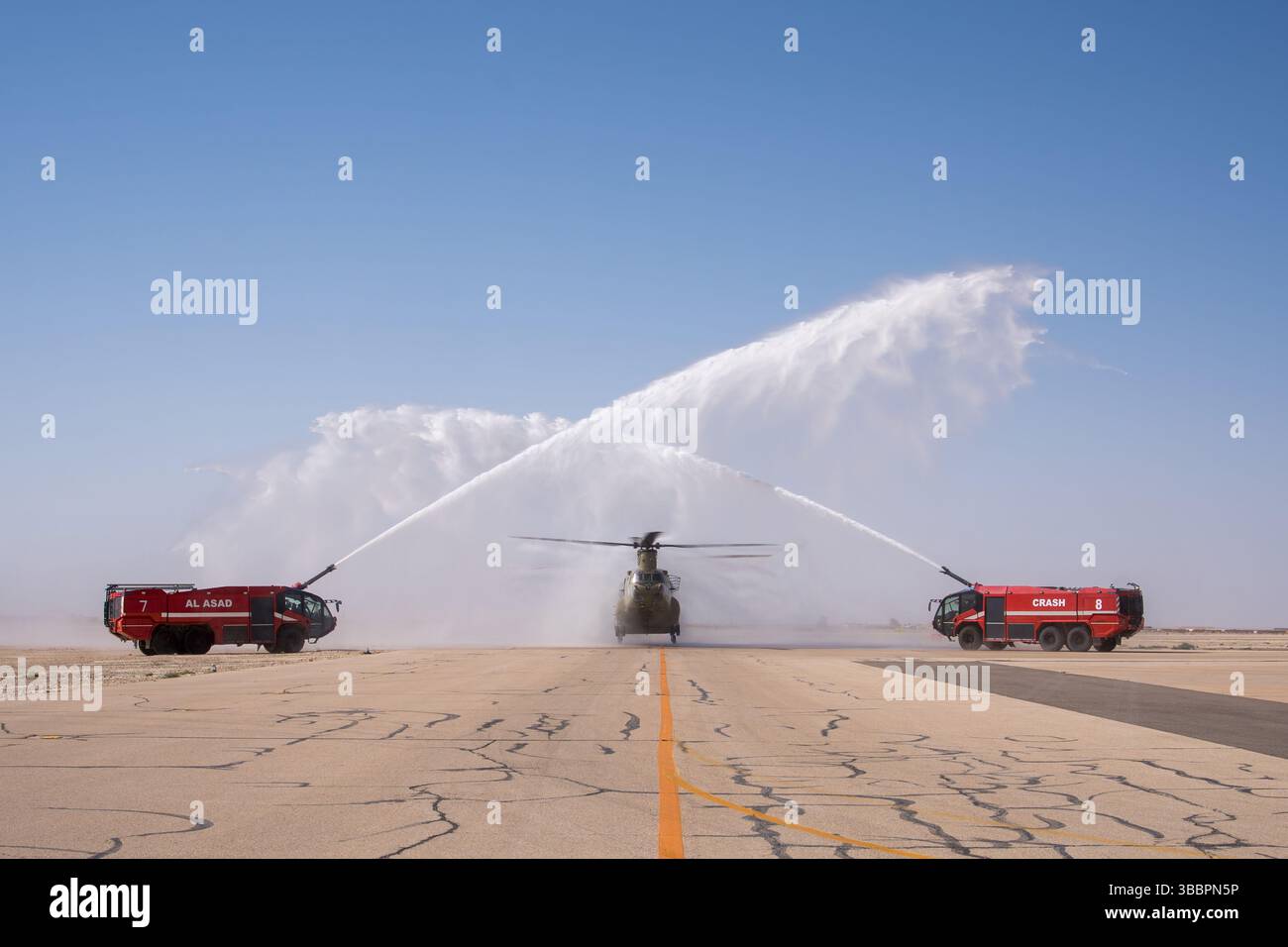 Iraq. 10th May, 2025. A CH-47 Chinook taxis through a ceremonial water ...