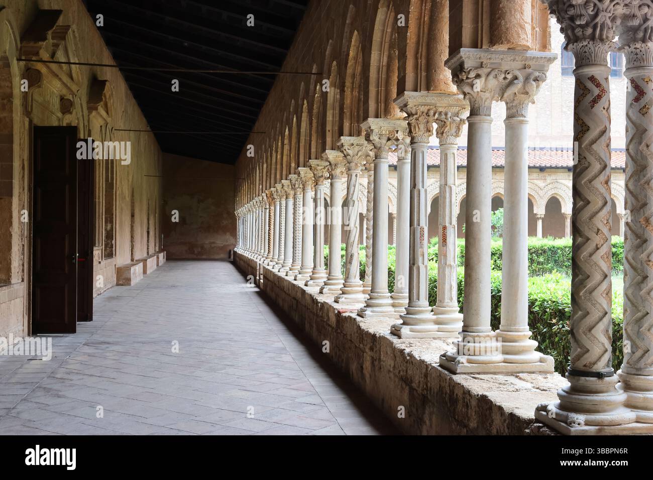Details of the cloisters of Monreale Cathedral, a splendid example of Norman architecture, near ...