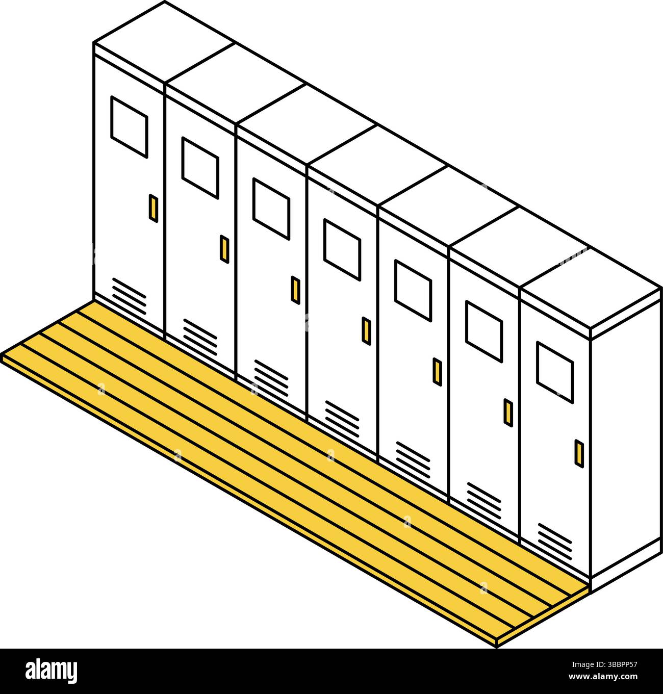 Simple and cute isometric line art illustration of a locker room with a ...