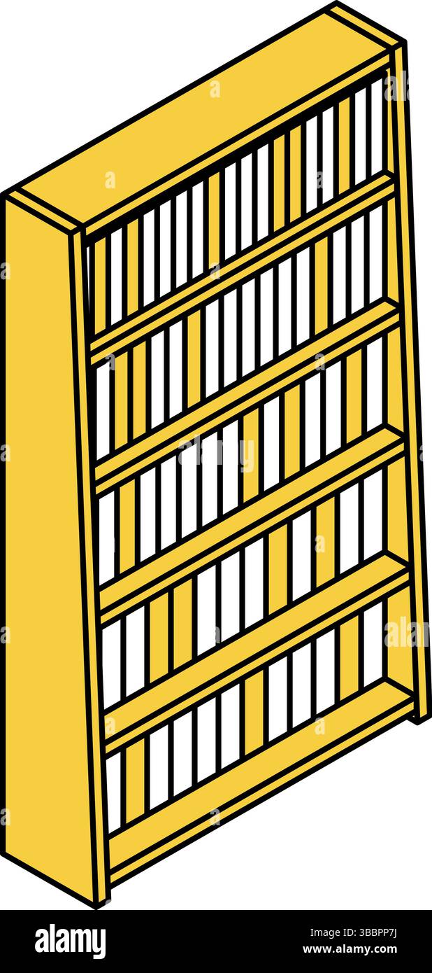Simple and cute isometric line art illustration of a tall bookshelf in ...