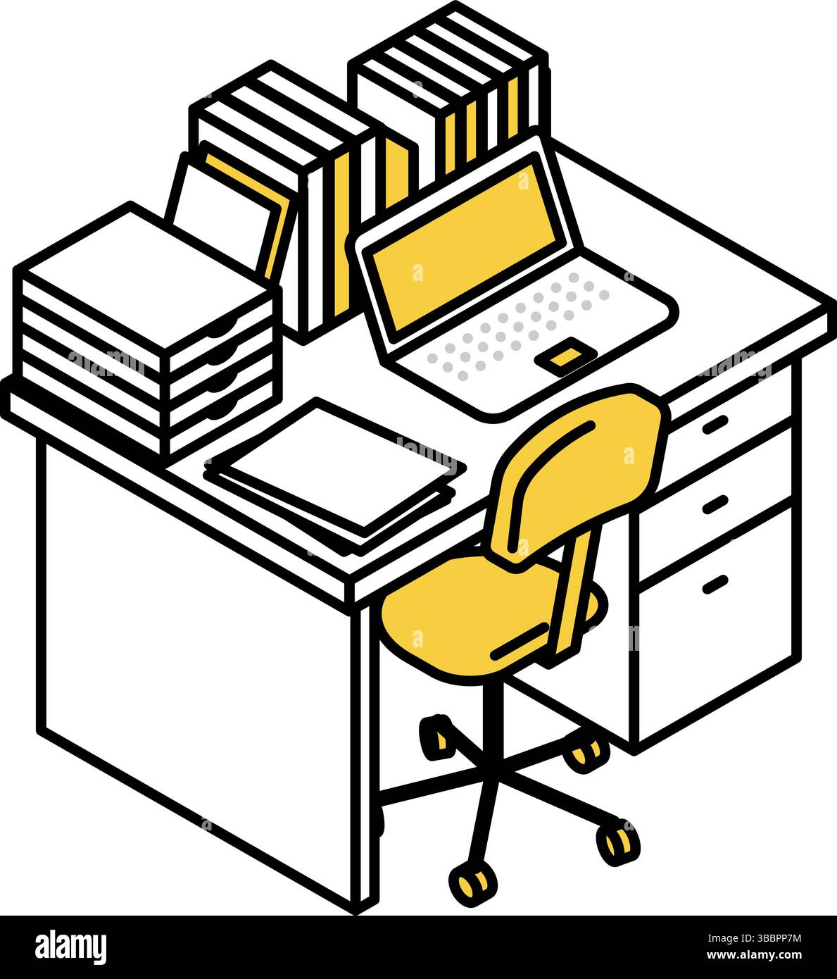Simple and cute isometric line art illustration of a desk full of ...