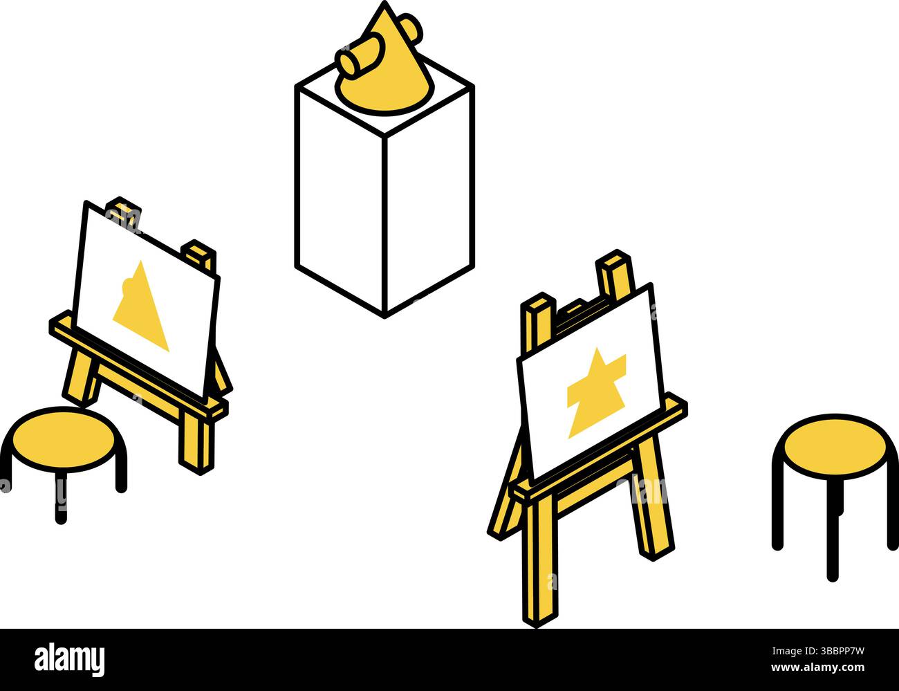 Simple and cute isometric line art illustration of a school art room ...
