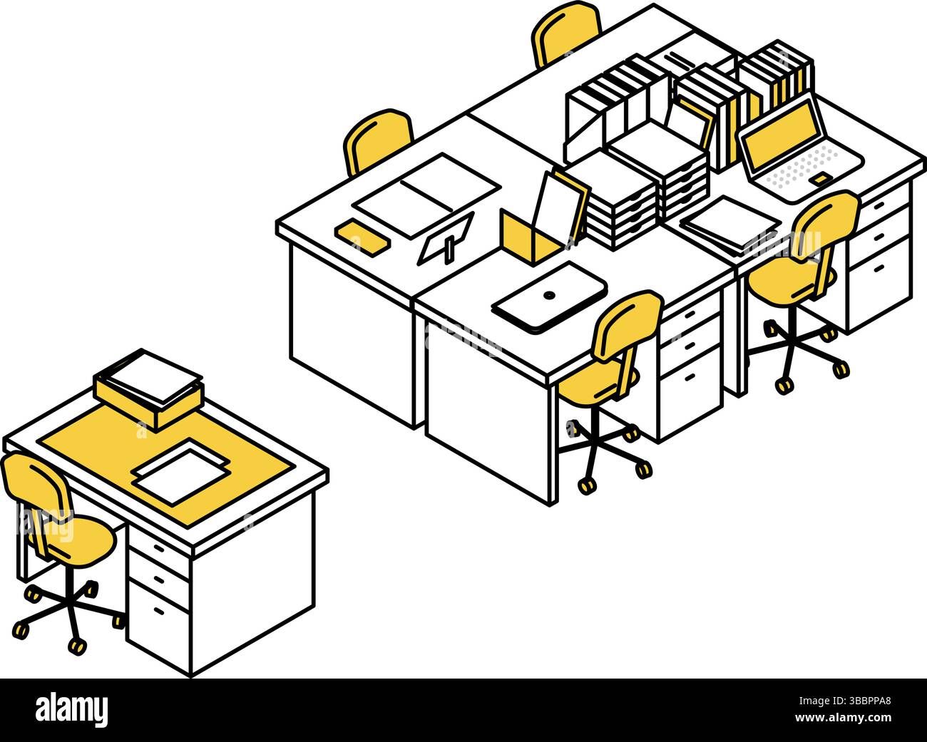 Simple and cute isometric line art illustration of an office with a row ...