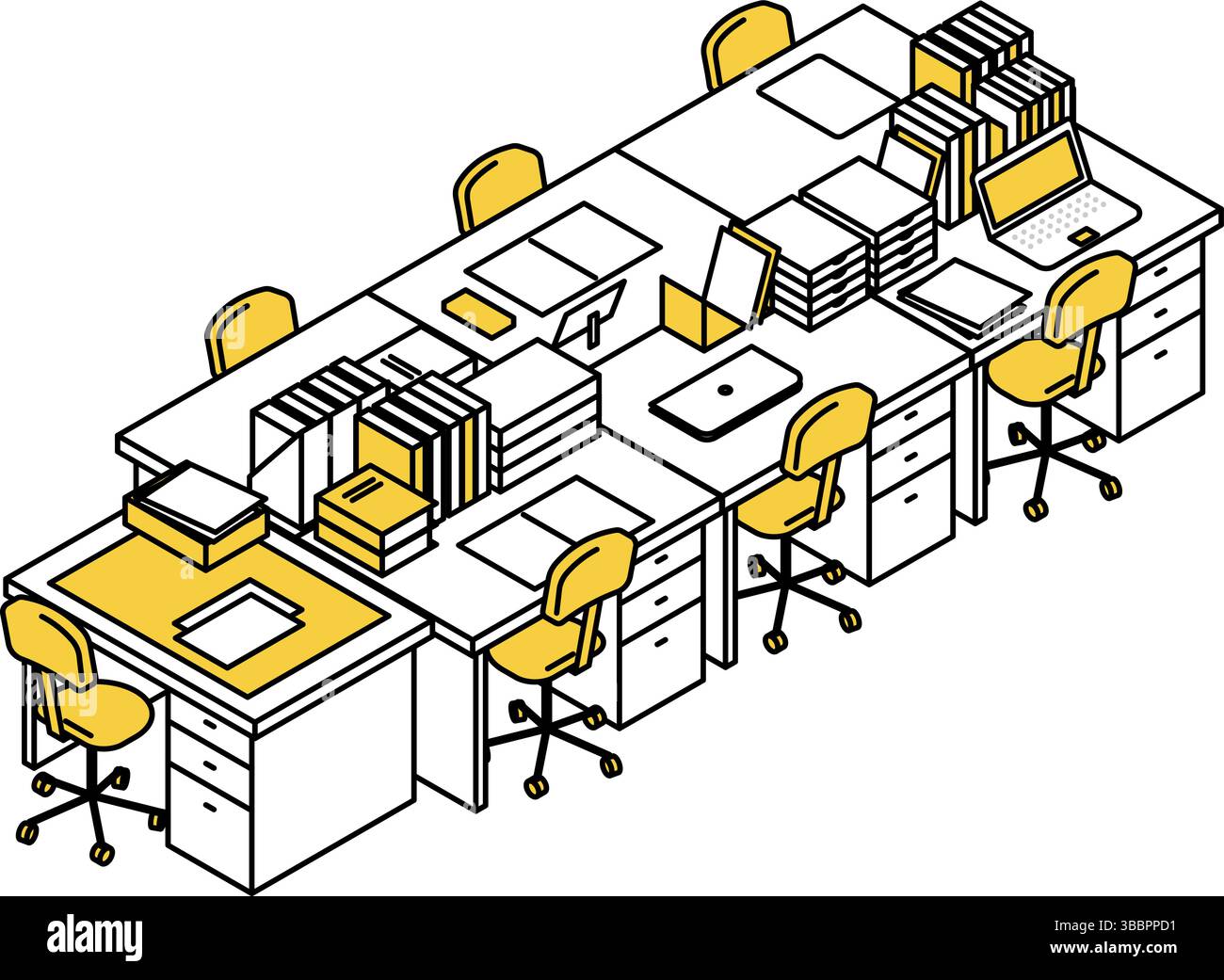 Simple and cute isometric line art illustration of an office with a row ...
