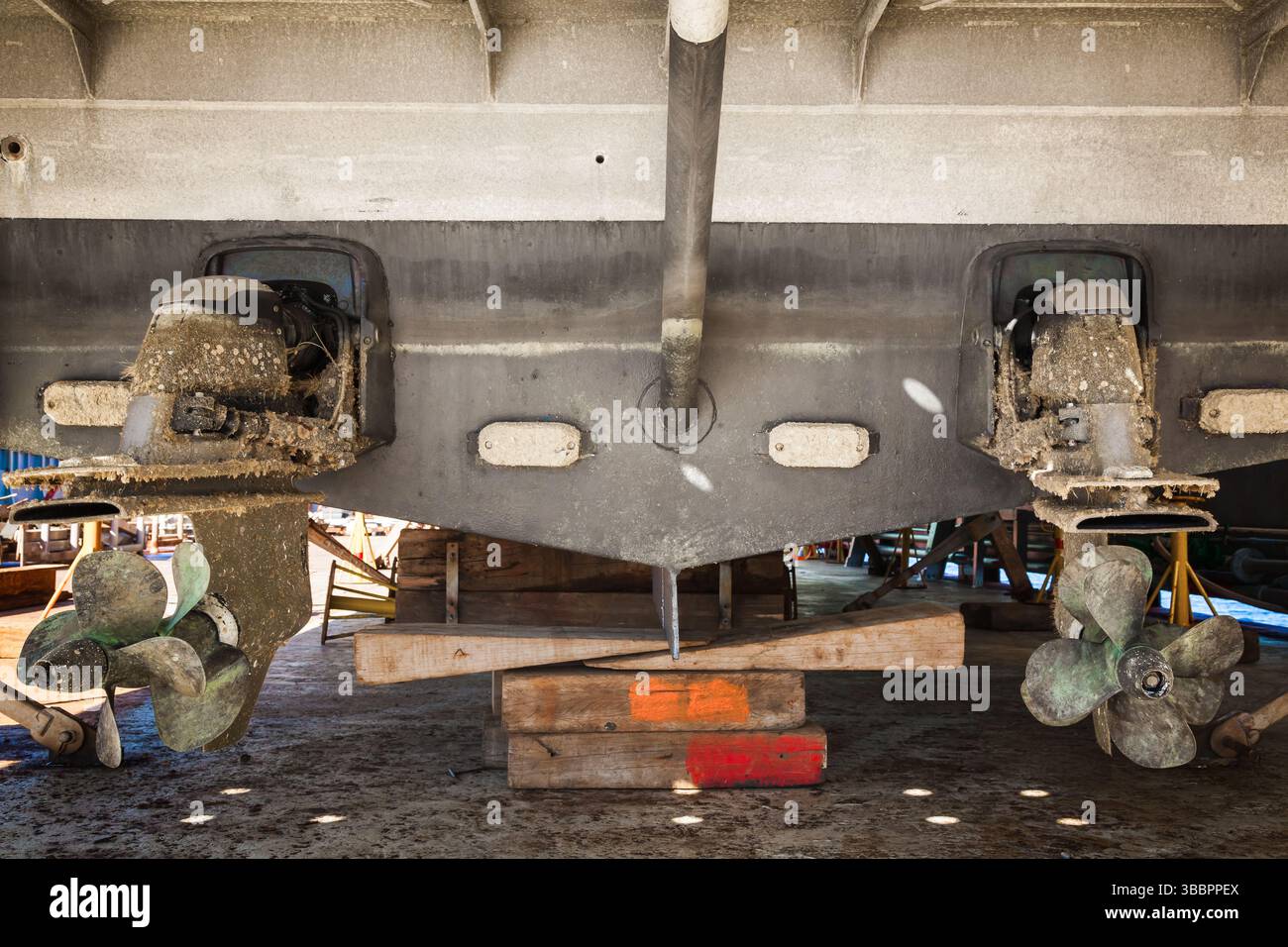 Azimuth twin-screw motor on a motor boat, bottom view. The bottom of a ...