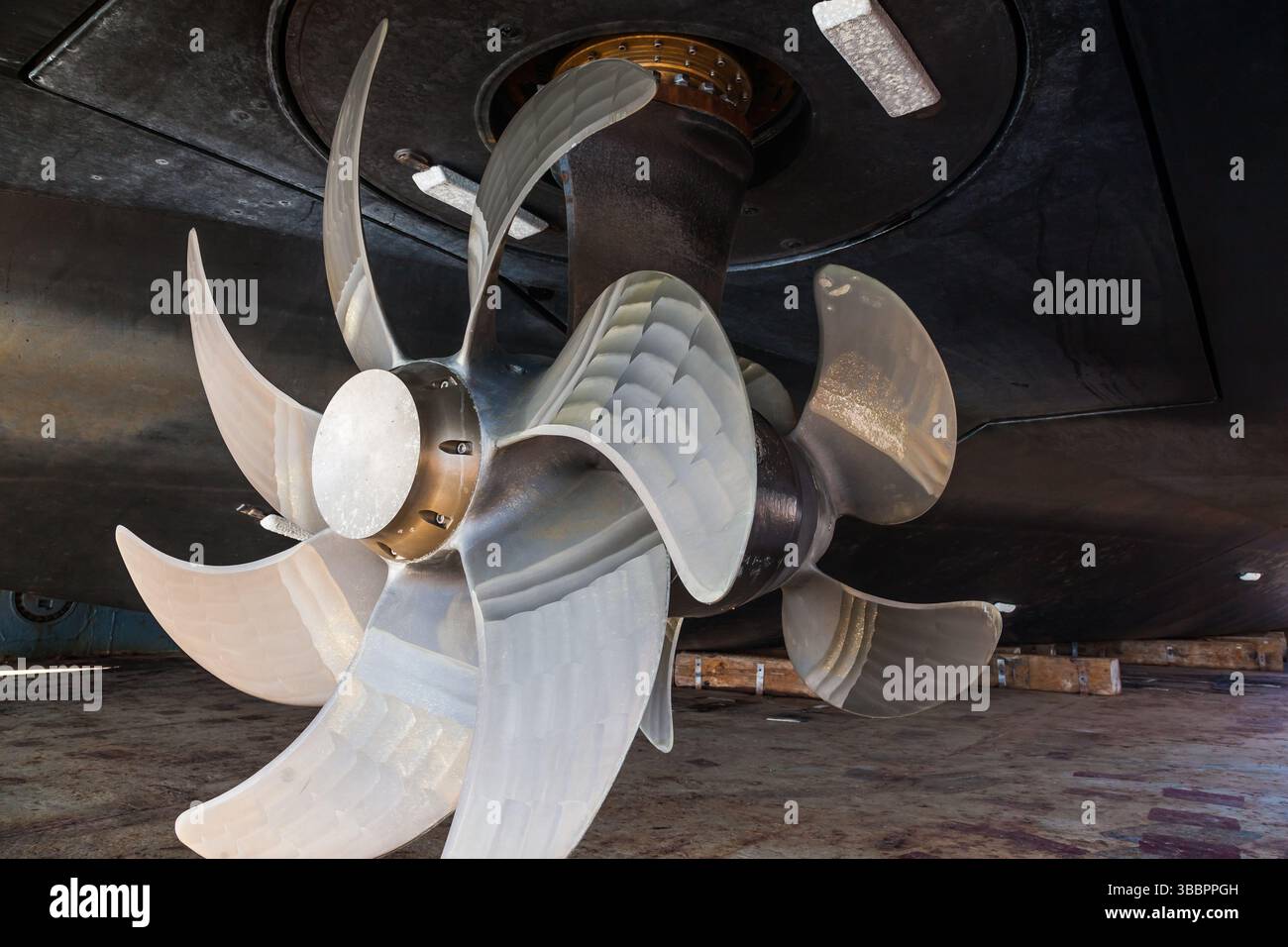 The bottom of a ship supported in dry dock with azimuth propulsion and ...