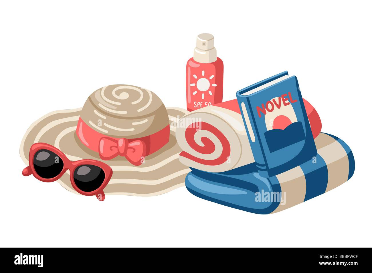 Summer beach essentials with hat, sunglasses, sunscreen, striped towels ...