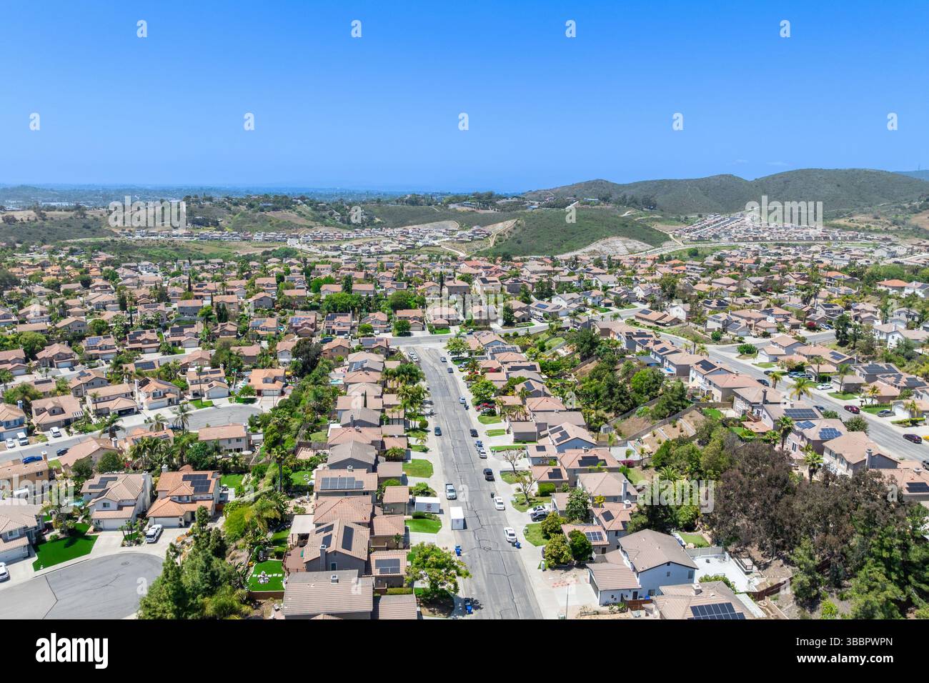 Aerial view of San Marcos neighborhood with houses and street during ...