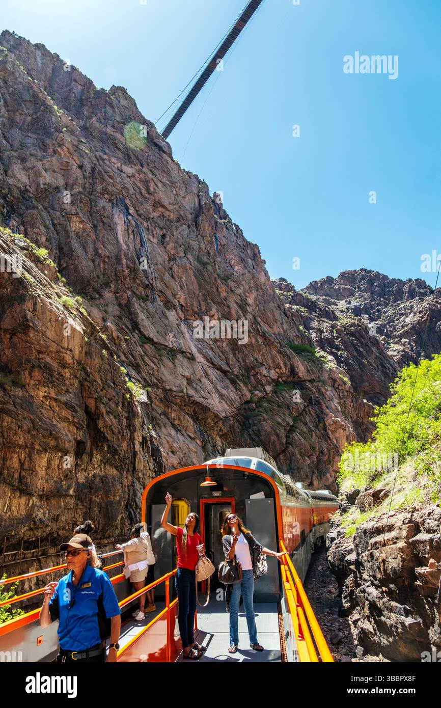 Tourists view the Royal Gorge Bridge from aboard the historic Royal ...