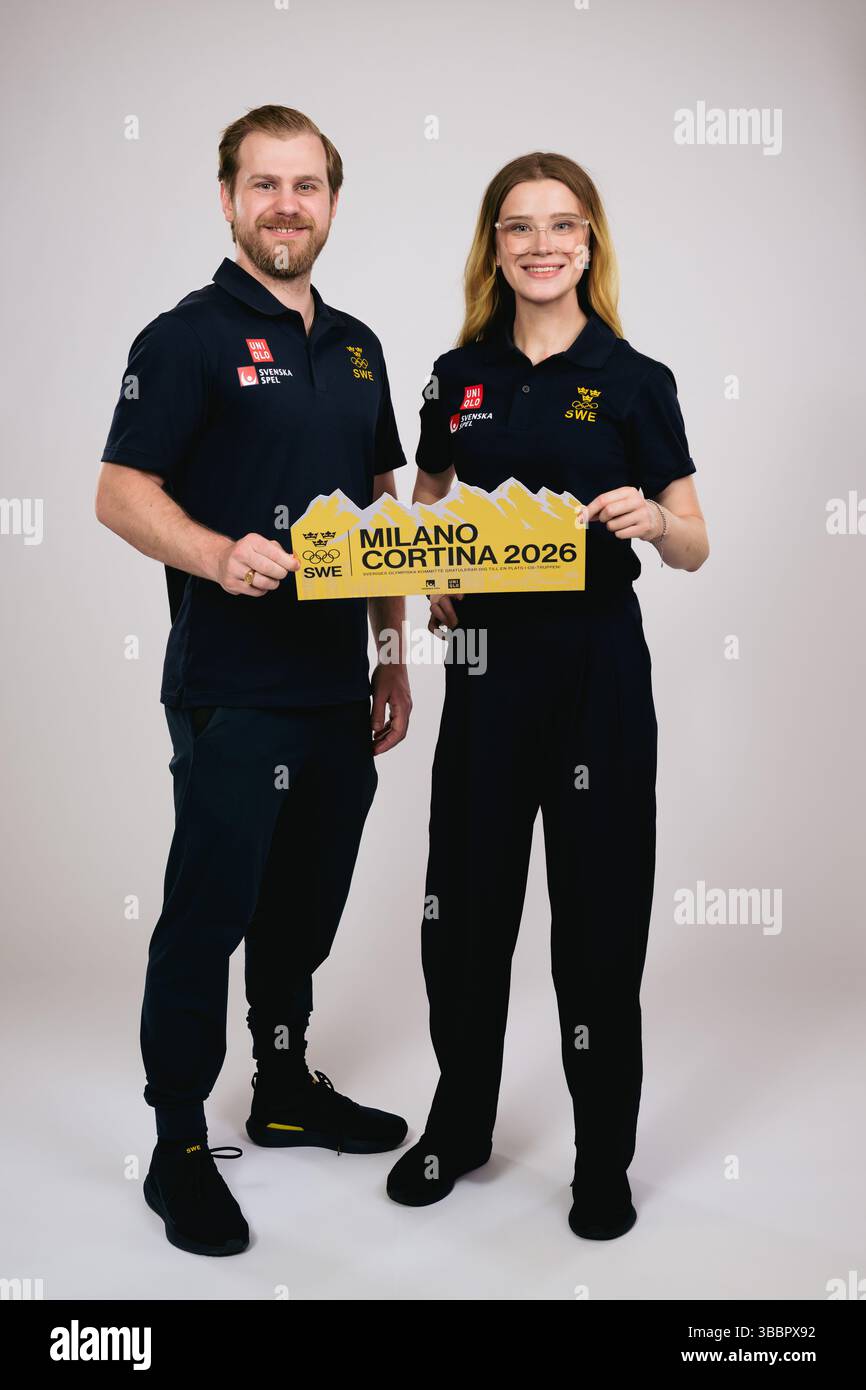 250516 Curling athletes Rasmus Wranå and Isabella Wranå of Sweden pose ...