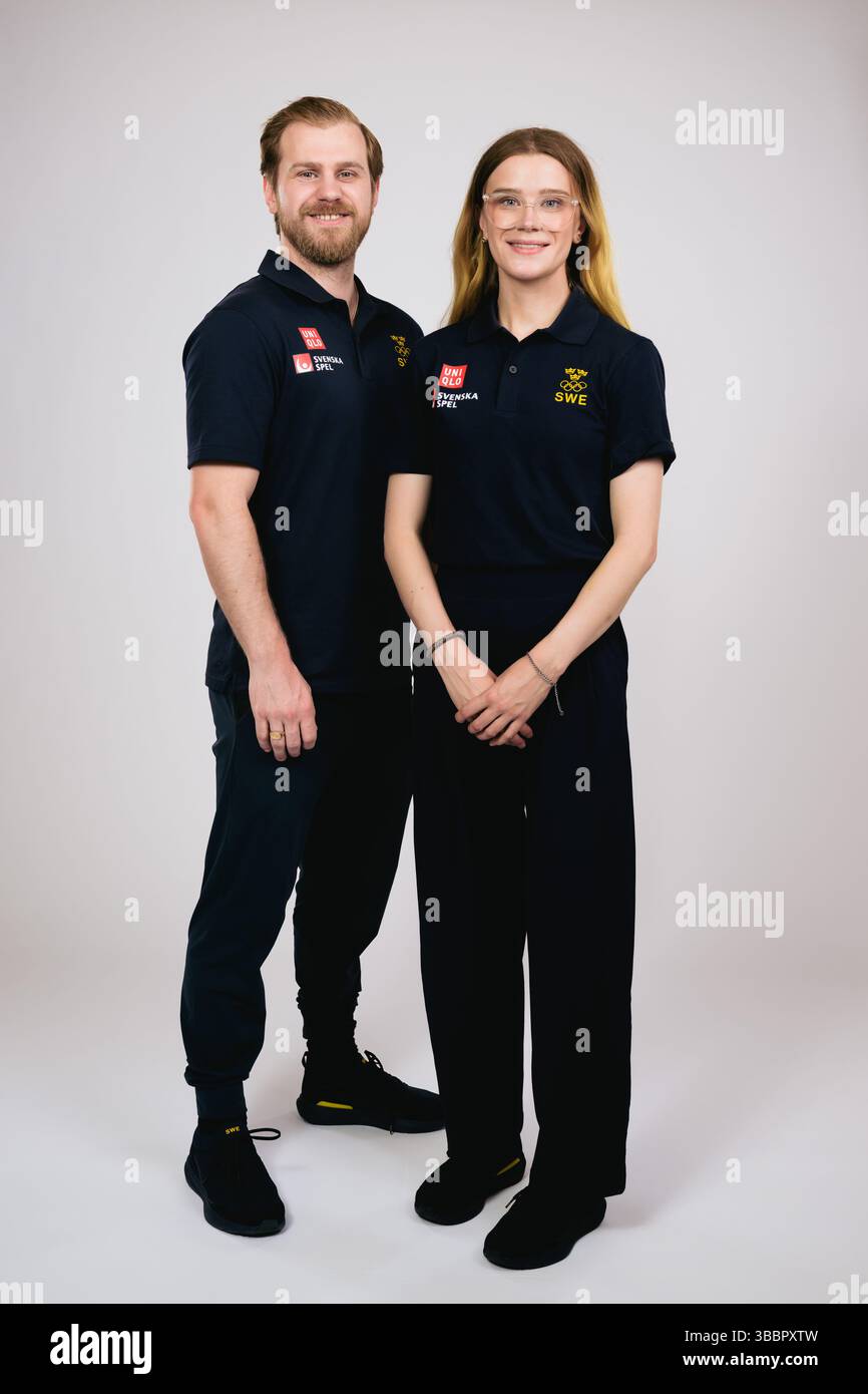Curling athletes Rasmus Wranå and Isabella Wranå of, Sweden. , . pose ...