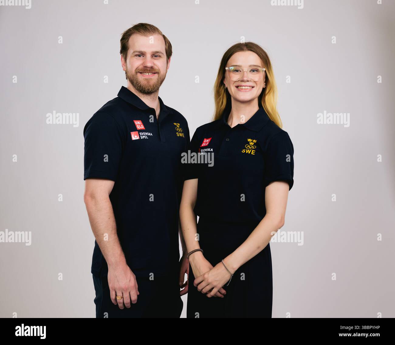 Curling athletes Rasmus Wranå and Isabella Wranå of, Sweden. , . pose ...